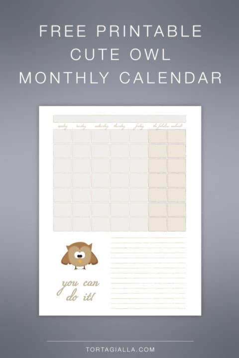 Cute Owl Monthly Calendar Printable - tortagialla