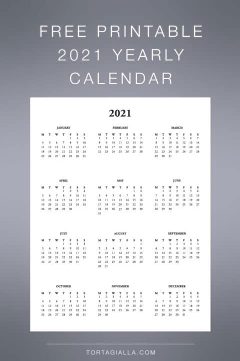 FREEBIE 2021 Printable Yearly Calendar - tortagialla